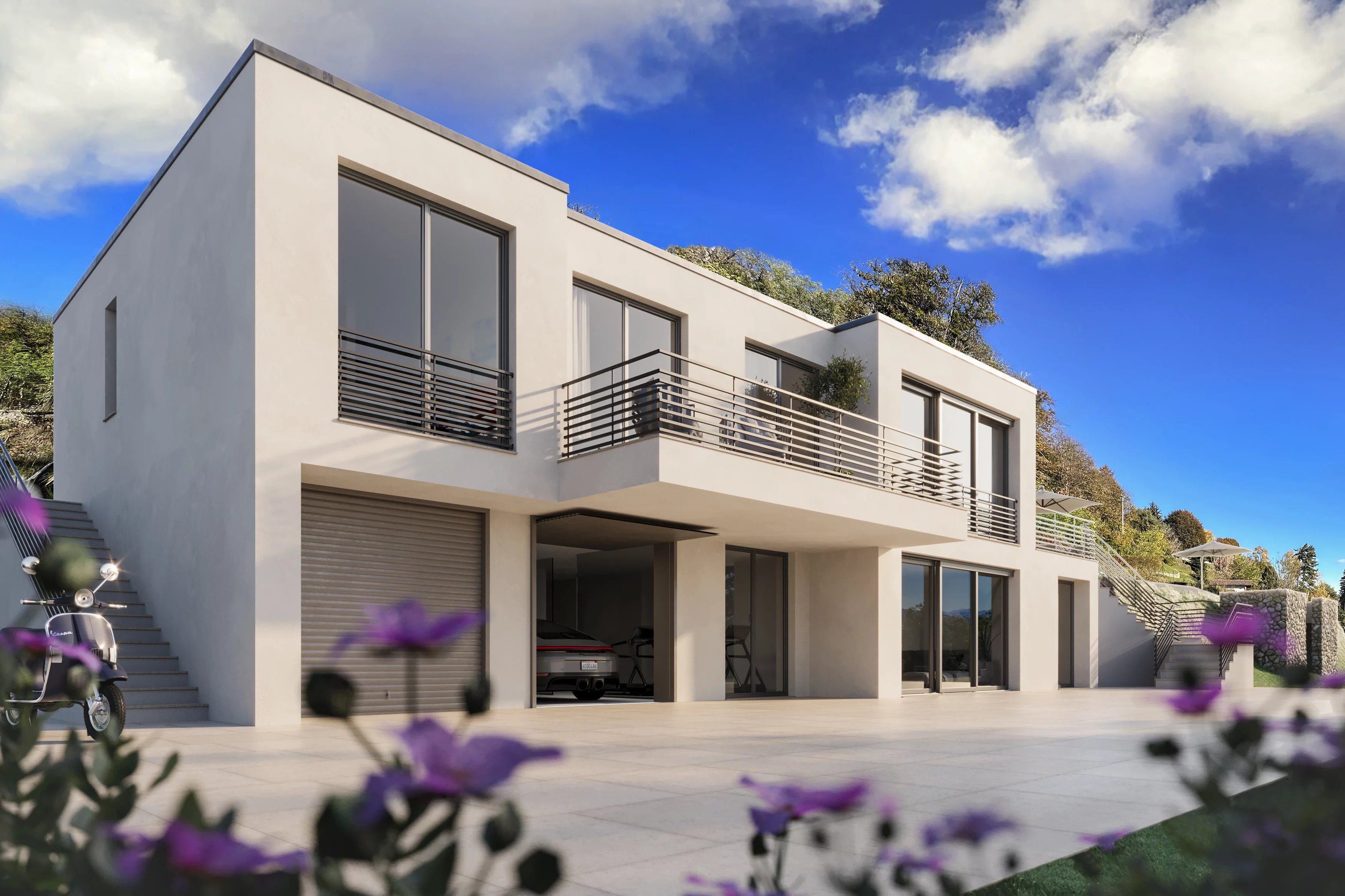 Modern luxury villa under construction on the hillside of Lake Maggiore ...